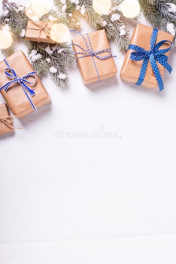 Border from Wrapped Christmas Presents and Fur Tree Branches Stock ...