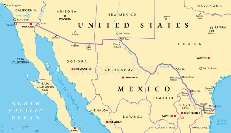 Mexico-United States Border, Political Map, Border between Mexico and ...