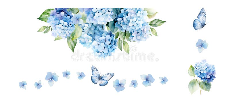 Borders with Watercolor Blue Hydrangea Set Stock Illustration ...