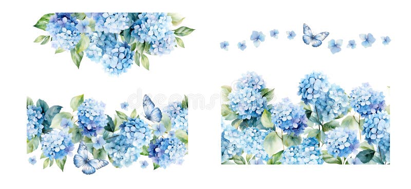 Borders with Watercolor Blue Hydrangea Set Stock Illustration ...