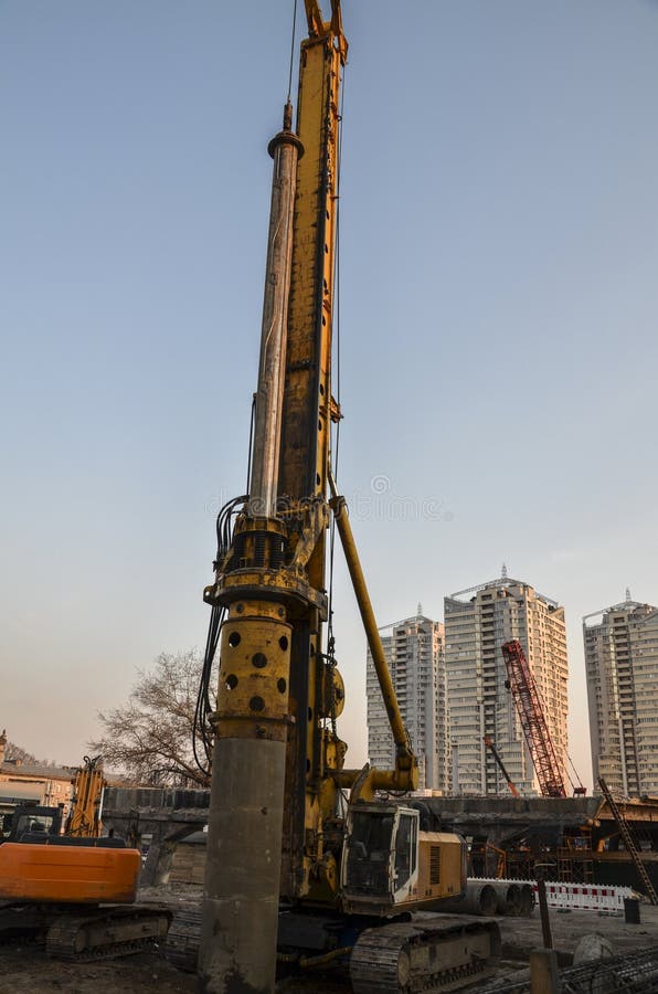 Bore Pile Rig Machine at the Construction Site with Building Foundation ...