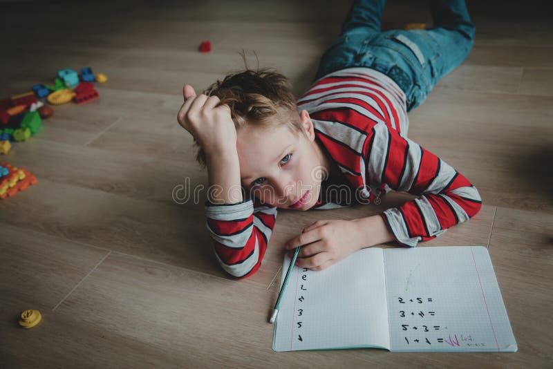 Bored Boy Tired and Stressed of Math, Doing Homework Stock Image ...