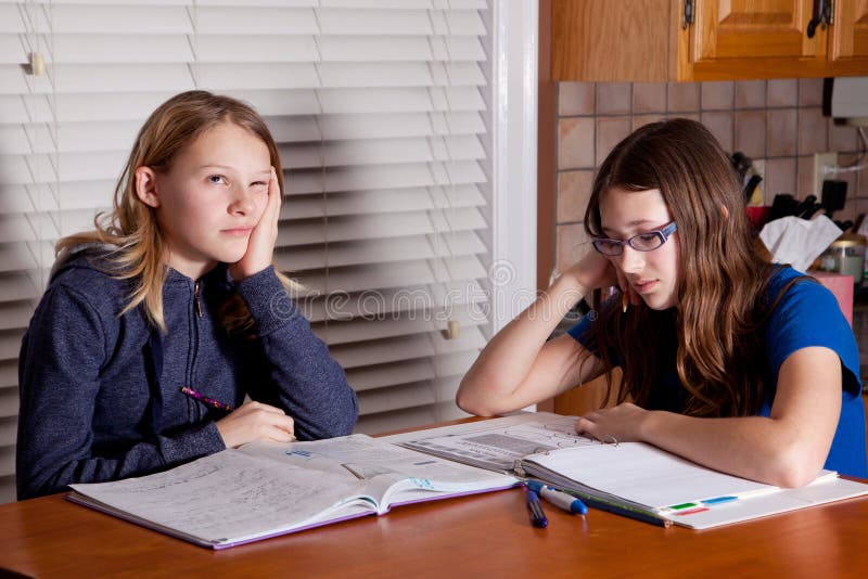 Bored Children Doing Homework Stock Photo - Image of wooden ...