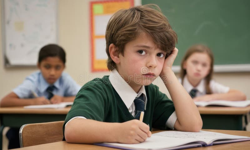 Bored Elementary School Student during Class Resting Head on Hand Stock ...