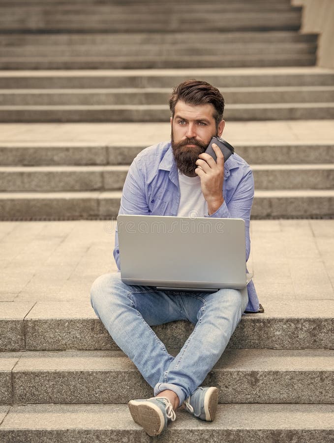Bored Freelancer Man Has Communication at Coffee Break. Freelancer Man ...