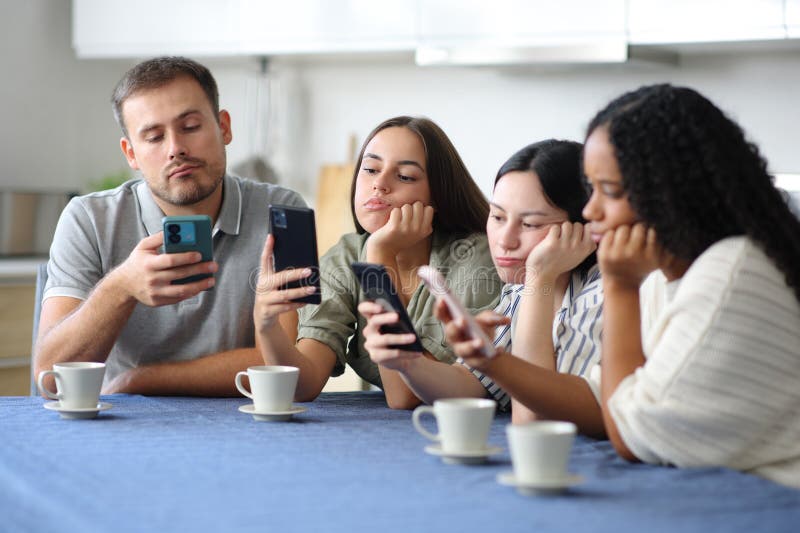 Bored Friends Using Their Smart Phones Stock Photo - Image of ignoring ...