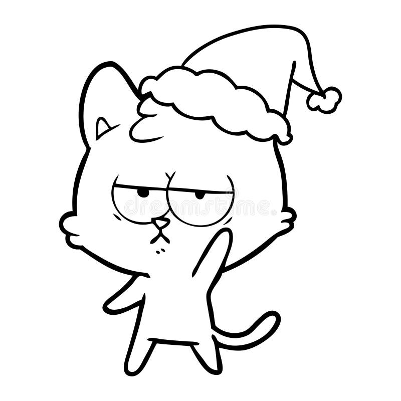 Bored Line Drawing of a Cat Wearing Santa Hat Stock Vector ...