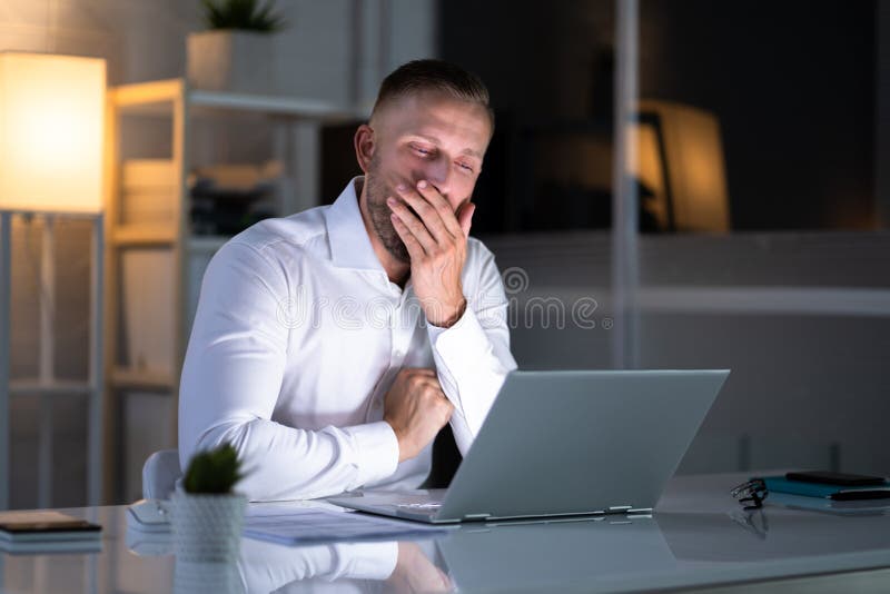 Bored Man at Night Yawning Looking Stock Photo - Image of computer ...