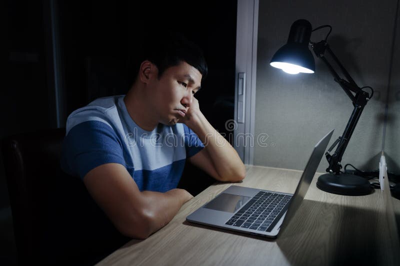 Bored Man Working with Laptop at Night Stock Image - Image of home ...