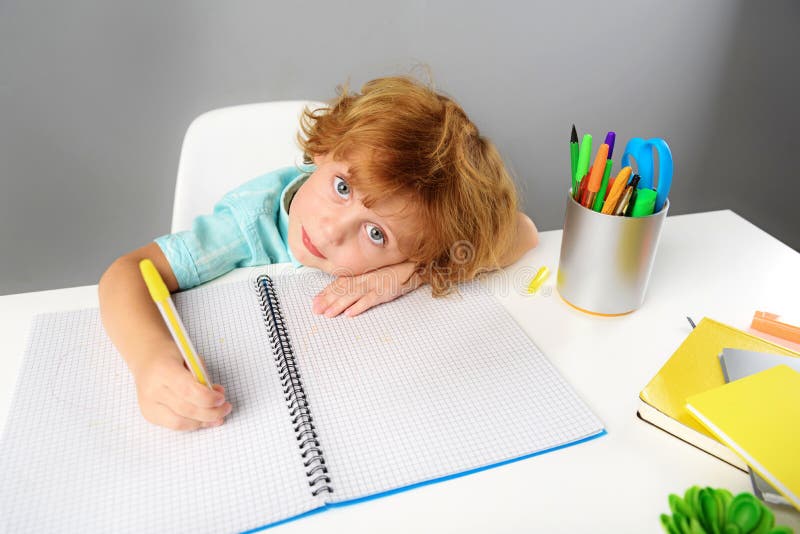 Bored Preschooler Studying at Lesson Stock Photo - Image of grey ...