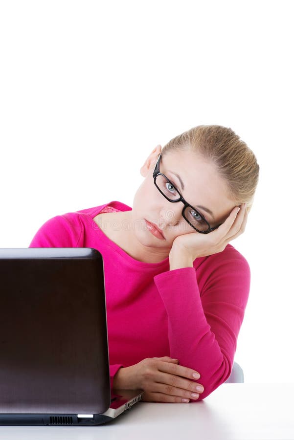 Bored, Sad Woman Sitting in Front of Laptop. Stock Photo - Image of ...