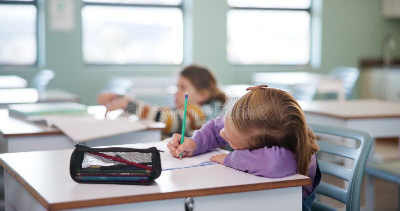 Bored, Tired and Child in Class for Studying Lesson with Exam for ...