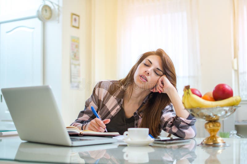 Bored and Tired Student Girl Sleeping at the Table. Stock Image - Image ... Bored and Tired Student Girl Sleeping at the Table. Stock Image - Image ...