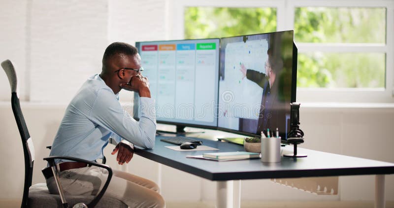 Bored Unhappy Man Watching Lon Online Virtual Lecture Stock Photo ... Bored Unhappy Man Watching Lon Online Virtual Lecture Stock Photo ...