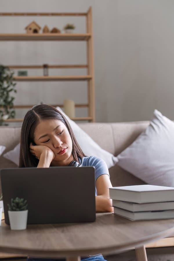 Bored Woman Studying at Home. Student Learning and Working at Home ...