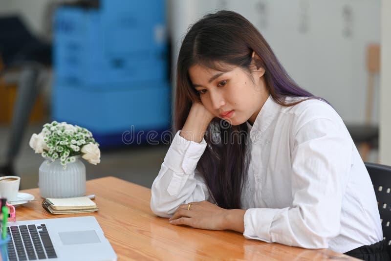 Bored Woman Office Worker Sitting at Her Desk in Front of Computer ...