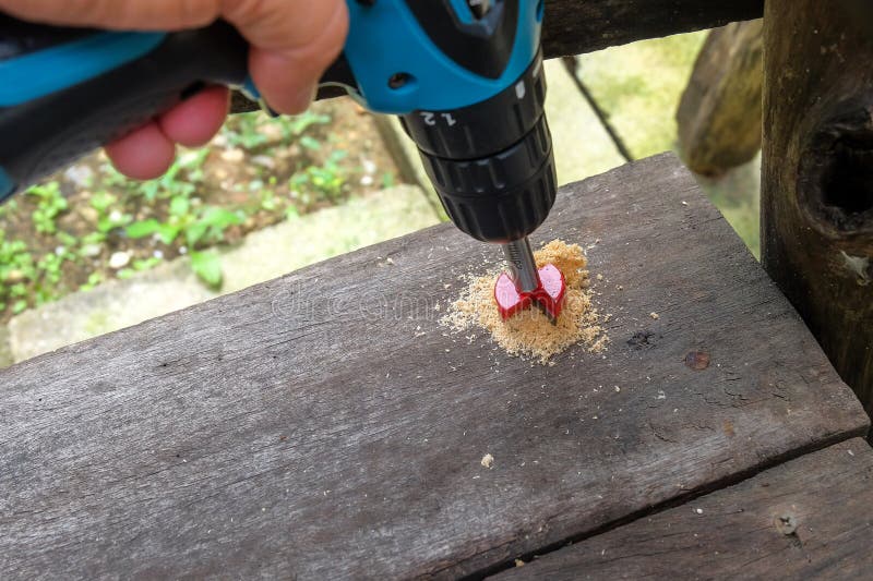 Boring Cylindrical Hole into Wood, Bit Drilling a Hole Stock Image ...
