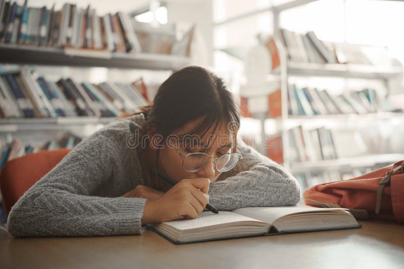Boring Student Girl Lying on Book and Reading Book, Student Girl at ...