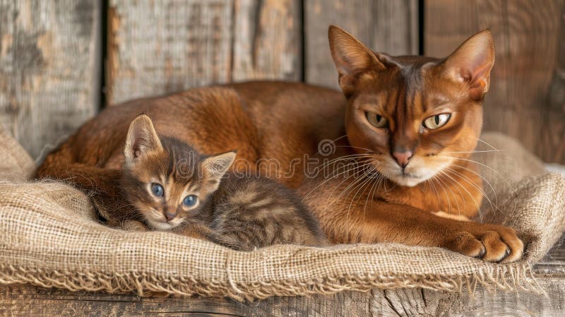Bornean Bay Cat and Kitten Pose, Empty Space for Text, Object on Side ...