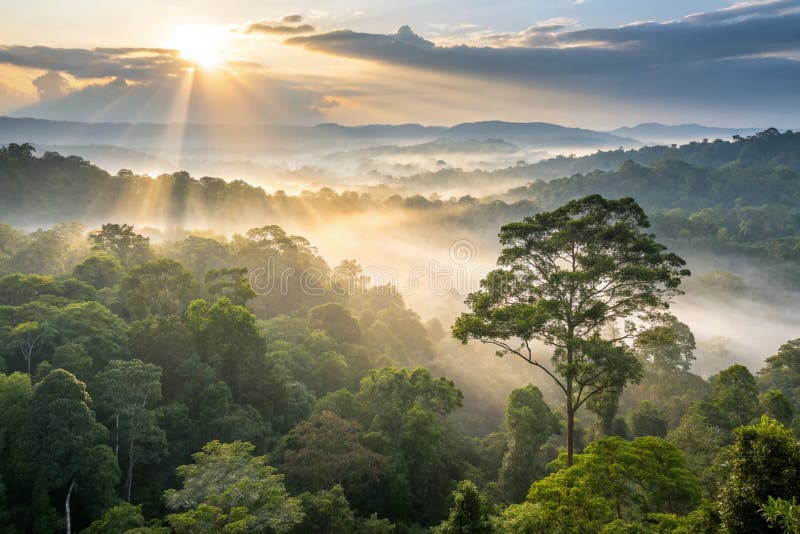 Borneo Rainforest with Mist and Sunrise Rays Stock Illustration - Illustration of sunrise ...