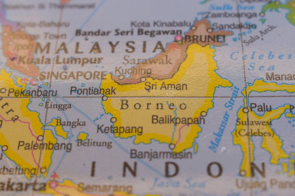 Borneo on the World Map-Geo Political Map Stock Image - Image of close ...