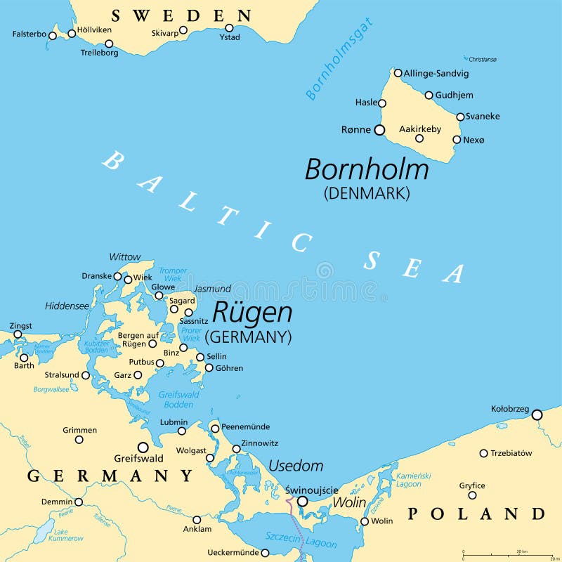 Political Map of Danish Island Bornholm, and German Island Ruegen Stock ...