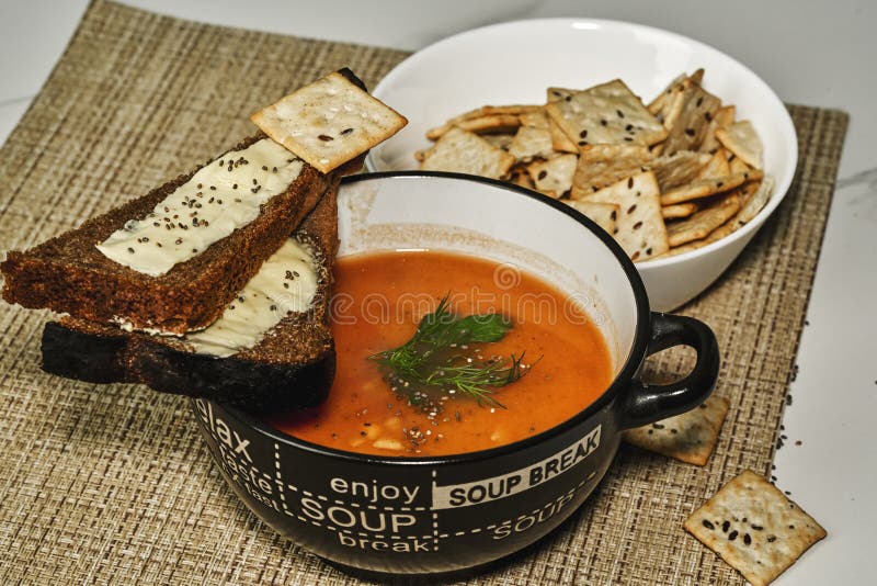 Borscht with Greens and Rye Bread Close-up Stock Image - Image of meat ...