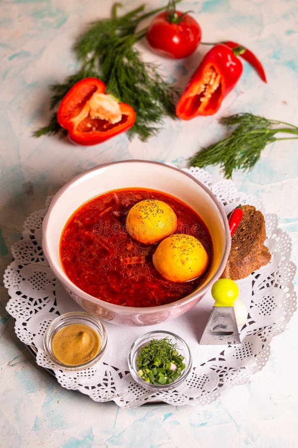 Borscht with Pampushki and Garlic in the Restaurant Stock Image - Image ...