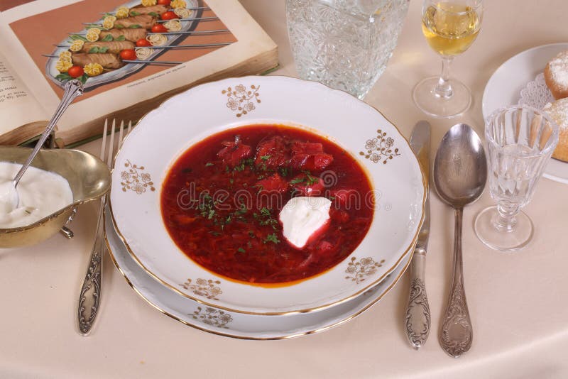 Borscht with Sour Cream and Vodka in Pitcher Stock Image - Image of ...