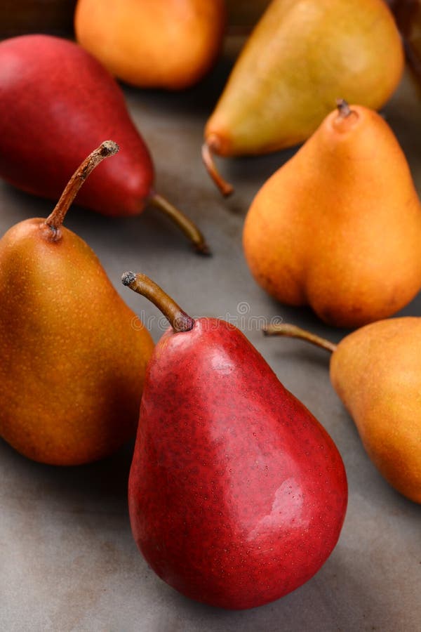 Bosc and Red Pears Closeup stock photo. Image of close - 35242654