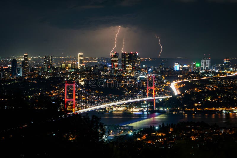 Bosphorus Bridge and Lightening in Istanbul, Turkiye Stock Image ...