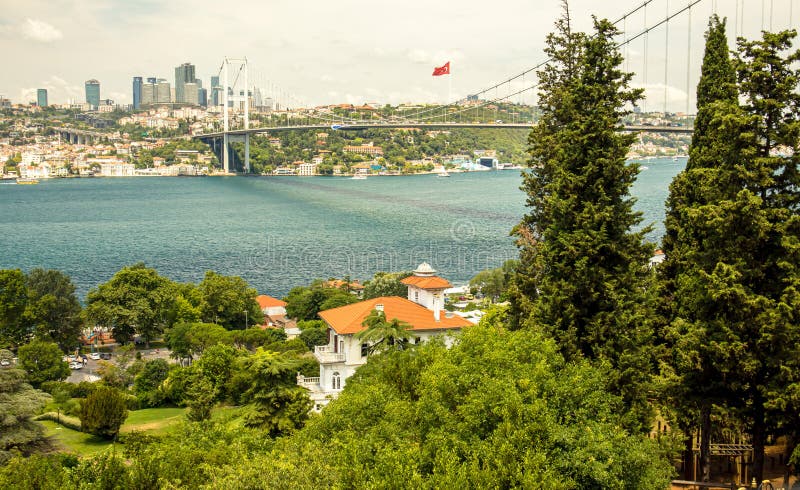 Bosphorus Suspension Bridge Under Blue Cloudy Sky View Stock Image ...