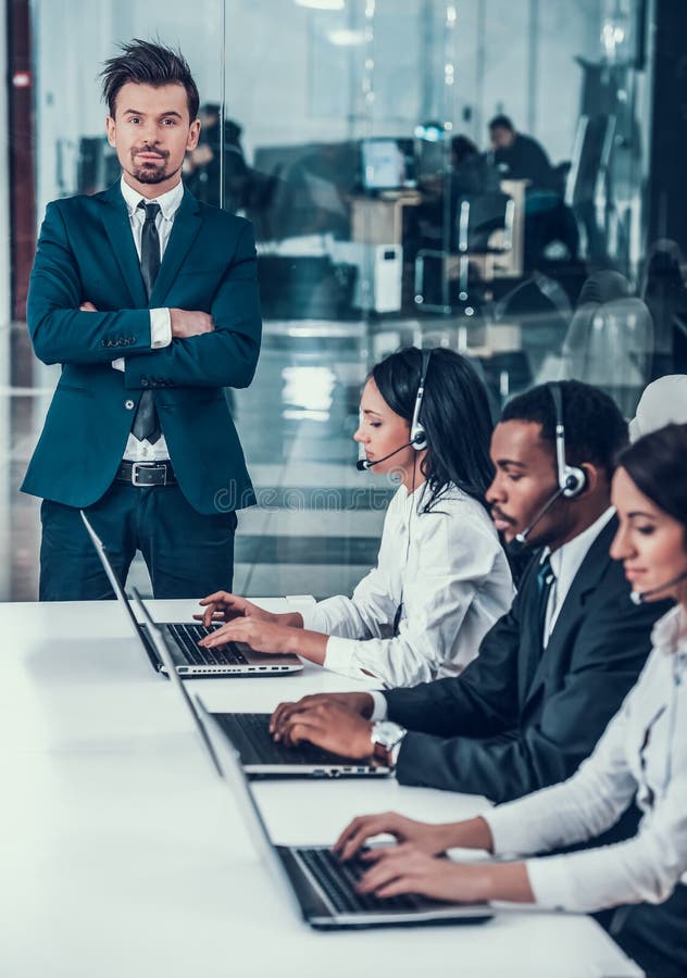Boss in Call Center Explains Multirass Team Stock Image - Image of ...