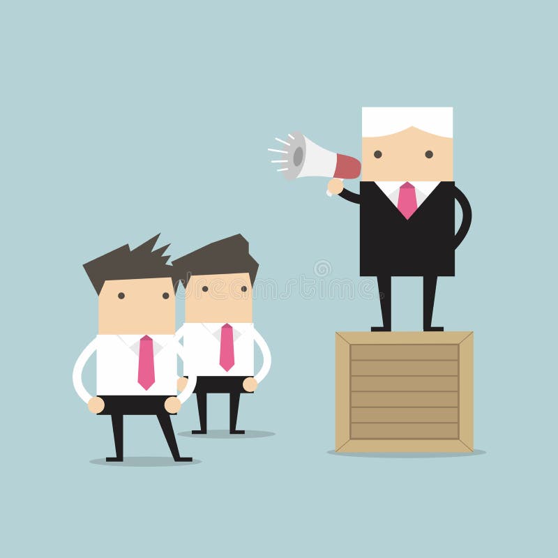 Boss Commanding Officers into a Megaphone. Employees Run Work Stock ...