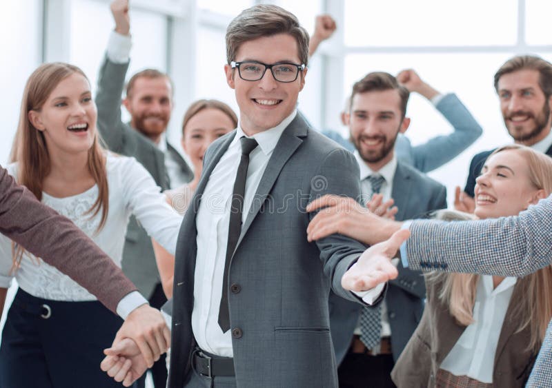 Boss and the Gleeful Business Team Standing Together Stock Photo ...