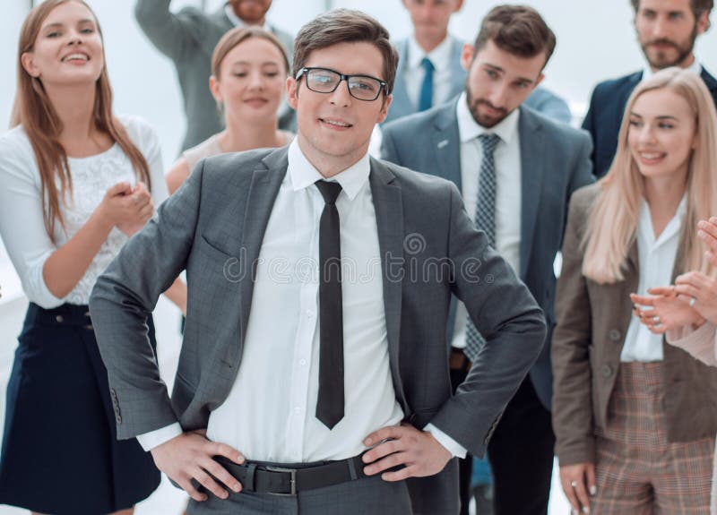 Boss and the Gleeful Business Team Standing Together Stock Photo ...