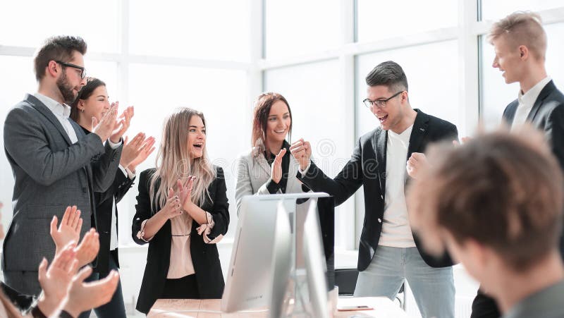 Boss and Happy Employees Applaud Standing in the Office Stock Image ...