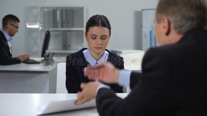 Boss Looking through Report, Shouting on Female Manager, Failed Work ...