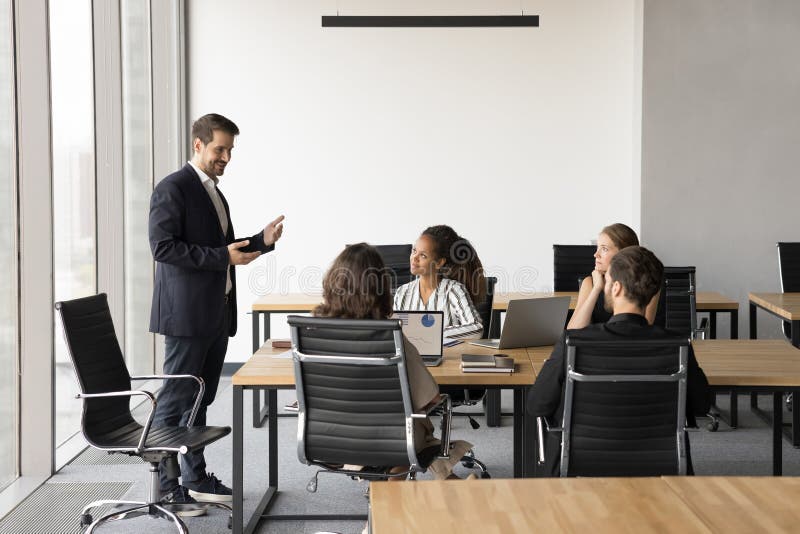 Boss Make Speech during Briefing with Staff Members Stock Image - Image ...