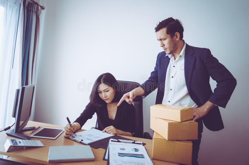 Boss Pointing Finger Pressuring a Female Office Worker Stock Photo ...