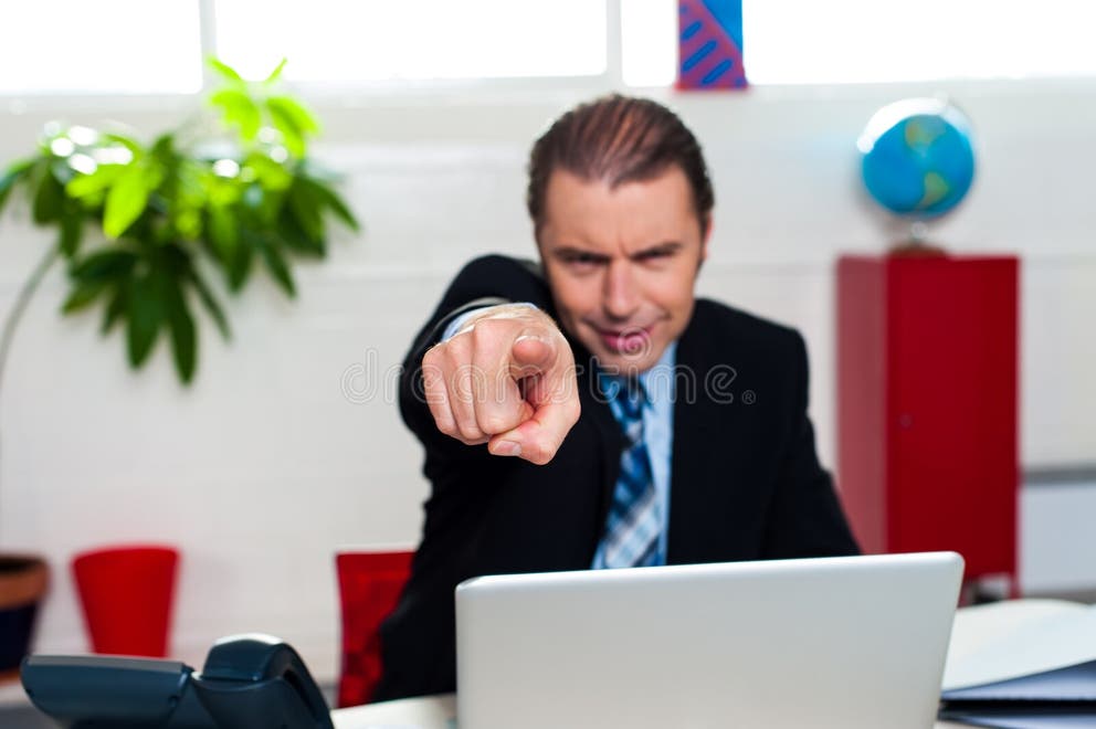 Boss Pointing His Index Finger at You Stock Photo - Image of laptop ...