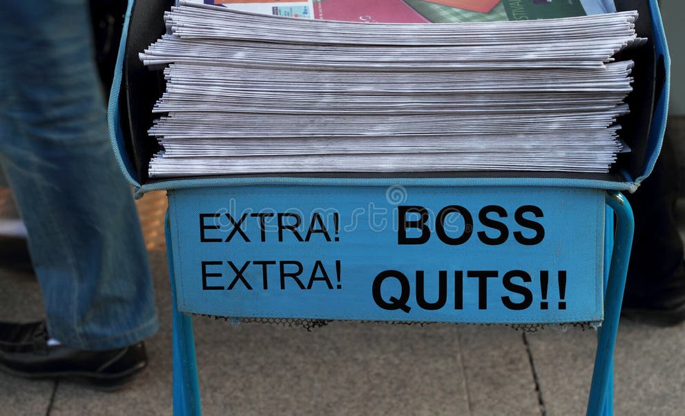 Boss Quits Headlined on Newspaper Stack Stock Photo - Image of labor ...