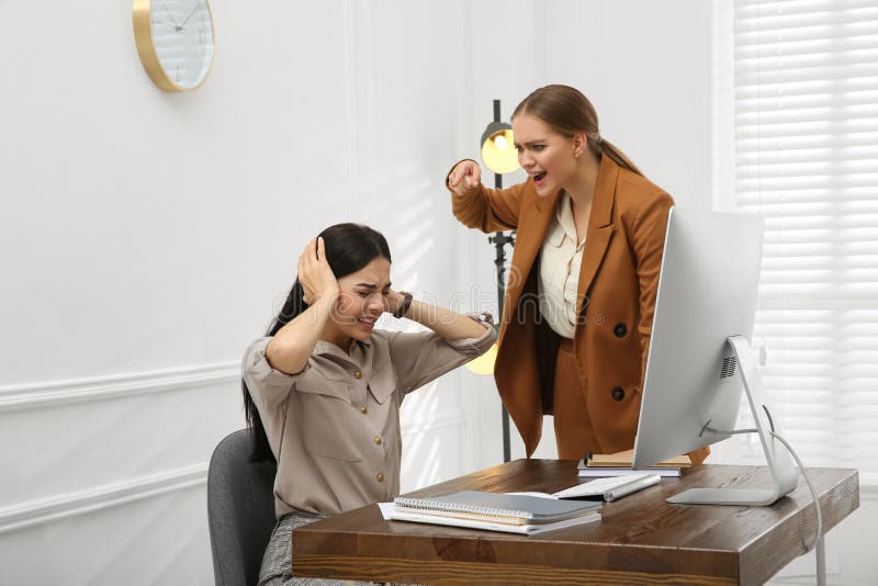Boss Screaming at Employee in Office. Toxic Work Environment Stock ...
