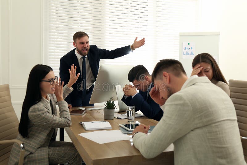 Boss Screaming at Employees on Meeting in Office. Toxic Work ... Boss Screaming at Employees on Meeting in Office. Toxic Work ...