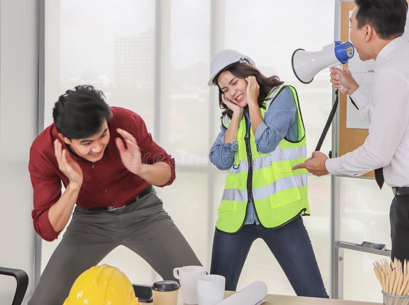 Boss is Shouting on Loudspeaker To His Construction Team Stock Photo ...