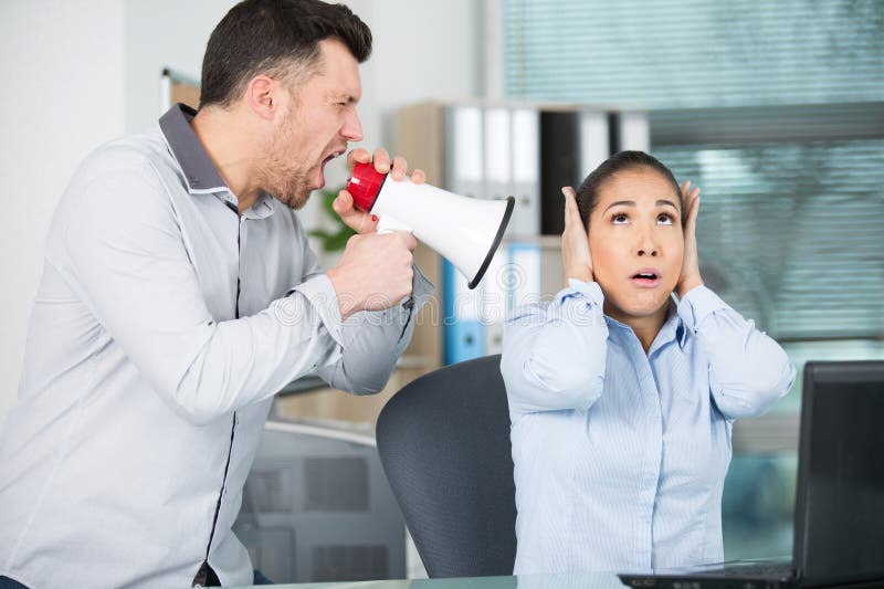 Boss Shouting through Megaphone at Office Worker Stock Image - Image of ...