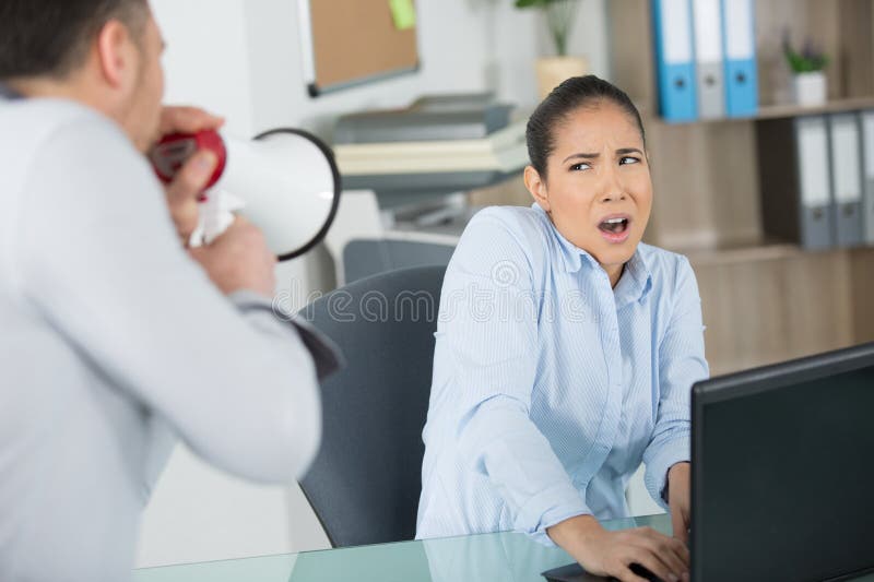 Boss Shouting at Office Worker through Megaphone Stock Image - Image of ...