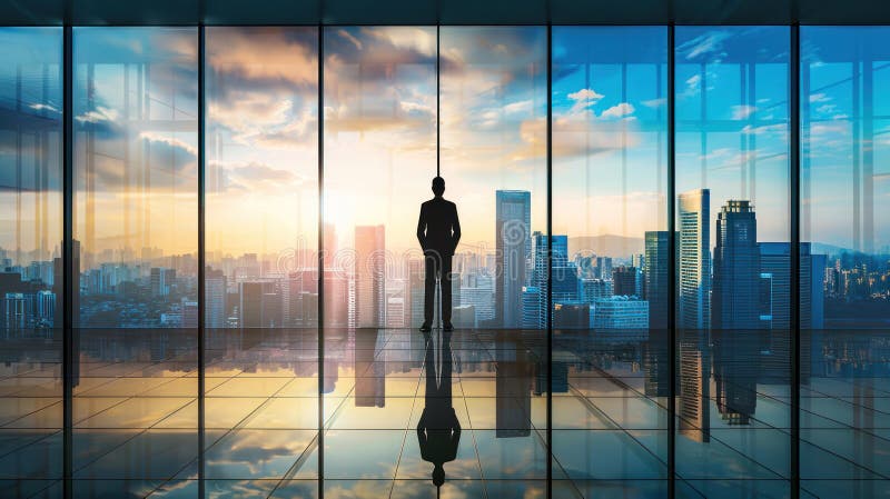 A Boss Standing in Front of a Large Window with a City Skyline in the ...