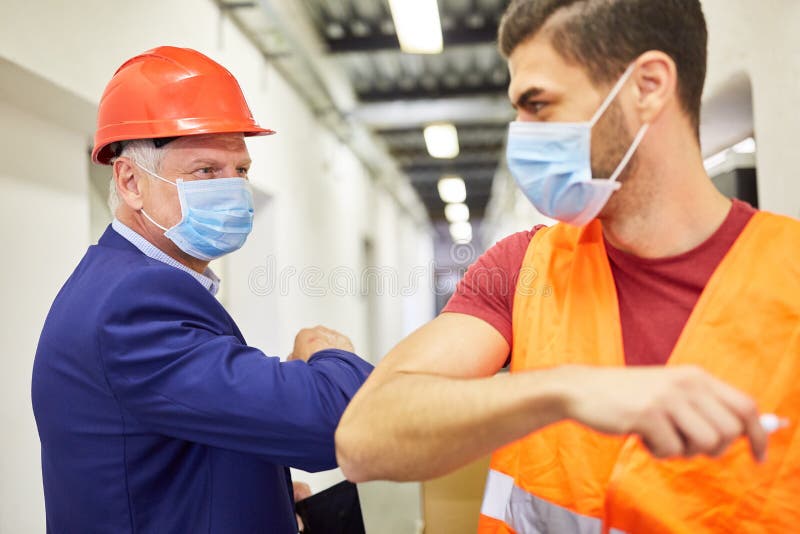 Boss and Warehouse Worker at Elbows Greeting Stock Photo - Image of ...