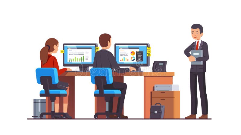 Boss Watching at Two Analyst Employees Working Stock Vector ...